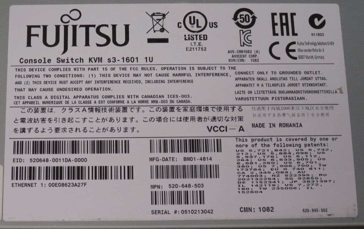 Fujitsu S3-1601 16-Port Console Switch USB 1U KVM 520-648-503