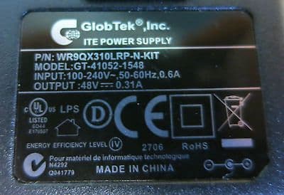 GlobTek WR9QX310LRP-N-KIT AC Power Adapter 48V 0 31A - Model 41052-1548