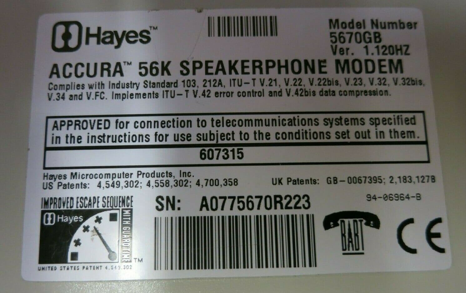 Hayes 5670GB Ver 1 120Hz Accura MSN 56K Speakerphone Modem