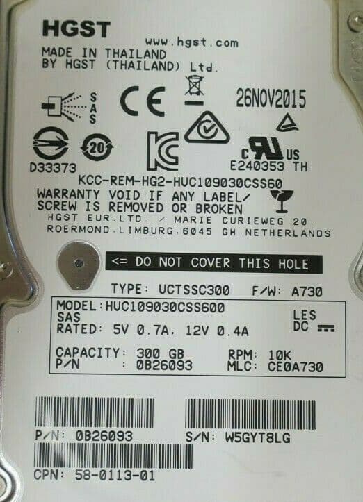 HGST 300GB 2 5" SAS 6Gb/s 10K Server Hard Drive HDD HUC109030CSS600 0B26093