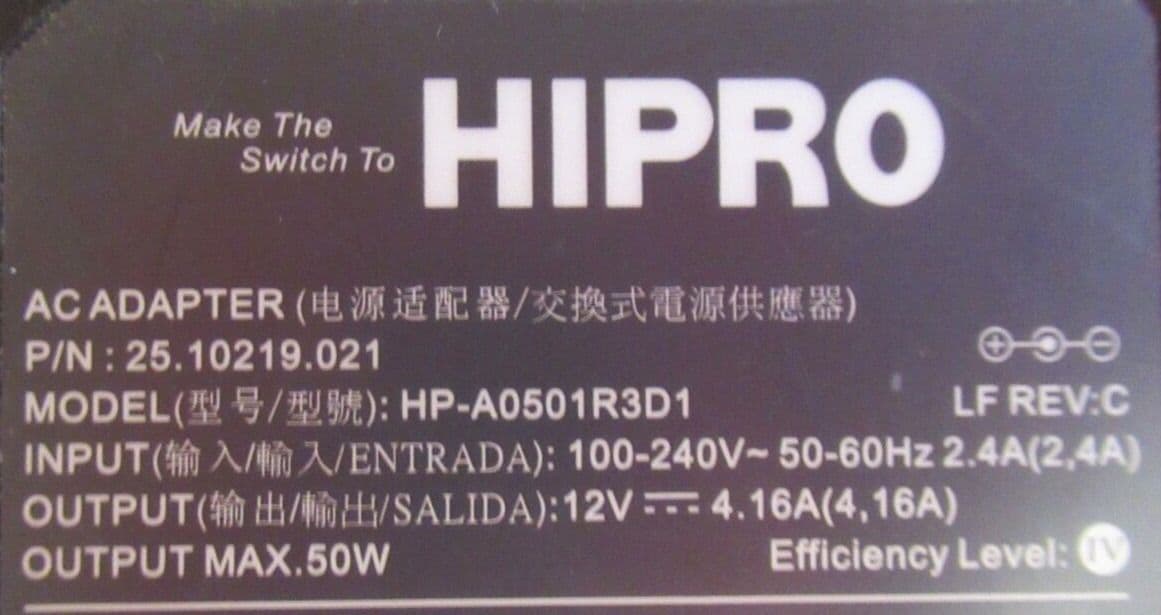 Hipro HP-A0501R3D1 25 10219 021 AC Power Adapter 50 Watt 12 Volts 4 16 Amps