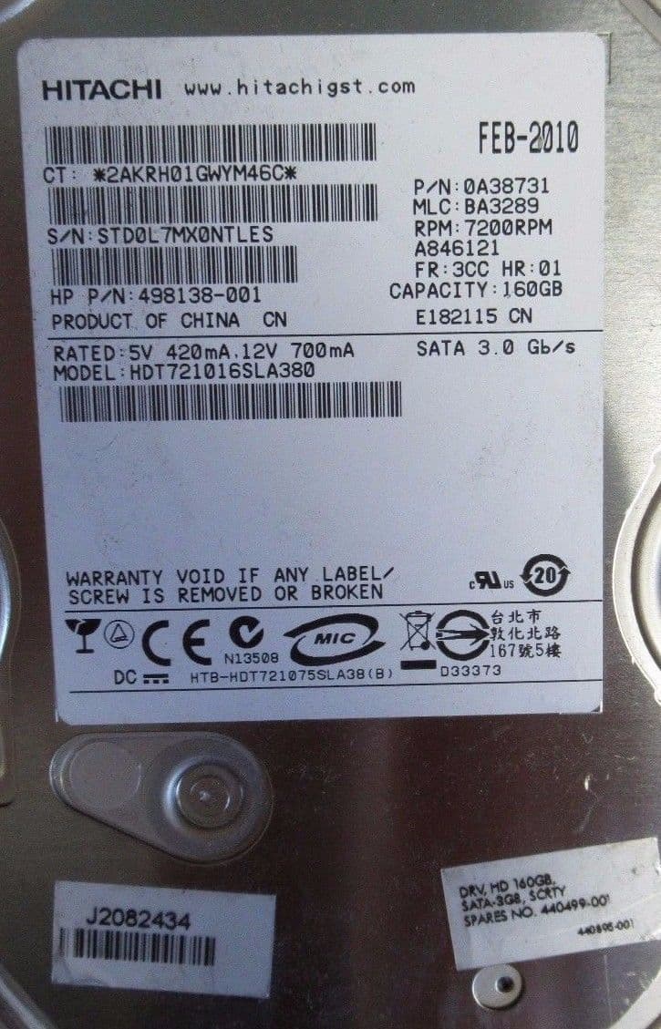 Hitachi 498138-001 HDT721016SLA380 0A38731 160GB SATA 3 5" 7 2k ...