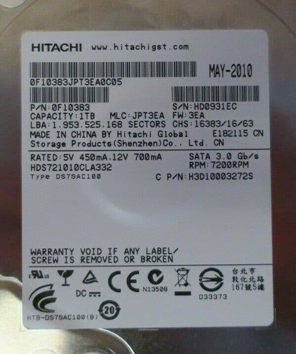 Hitachi GST 1TB 7 2K SATA 3Gb/s 3 5" Hot-Plug Hard Drive HDD ...