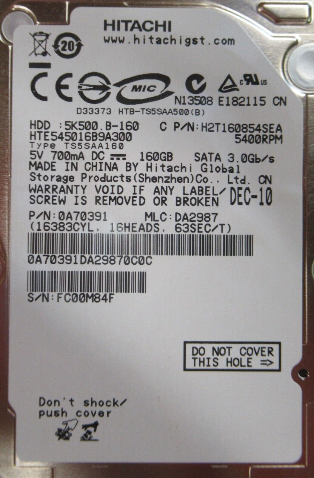 Hitachi H2T160854SEA 160GB SATA 3Gb/s 5400RPM 8MB 2 5" HDD Hard Drive ...
