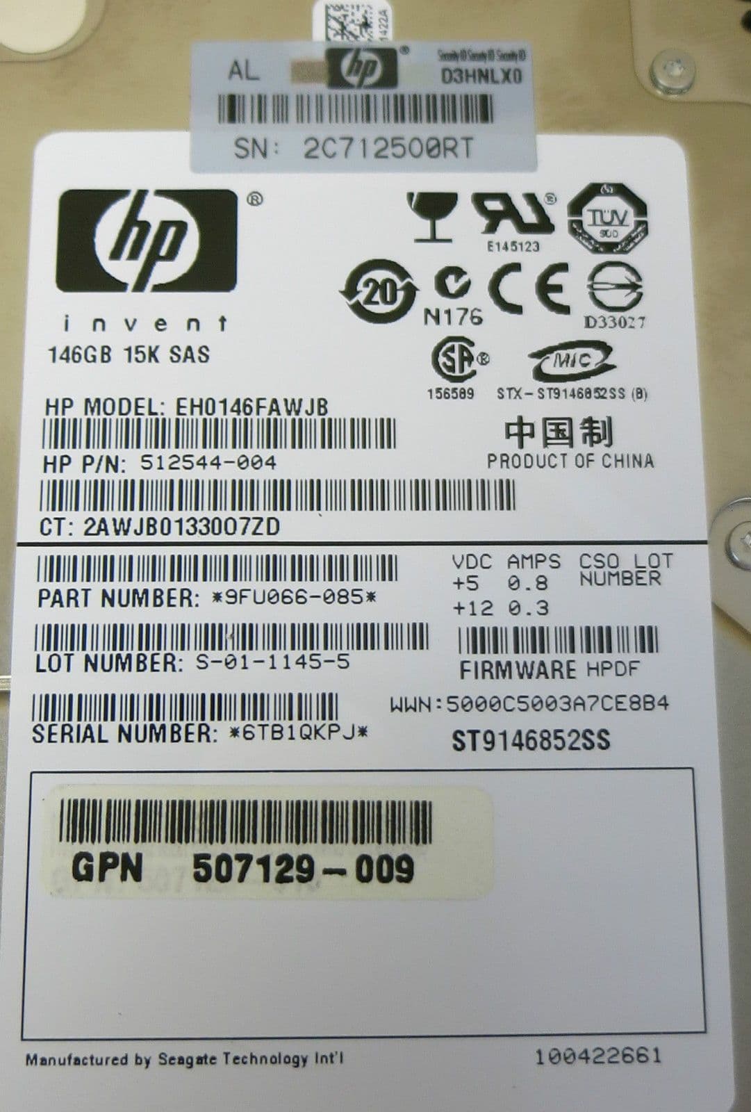 HP 146GB 2 5" SFF SAS 15K RPM EH0146FAWJB 512544-004 507129-009 No Caddy