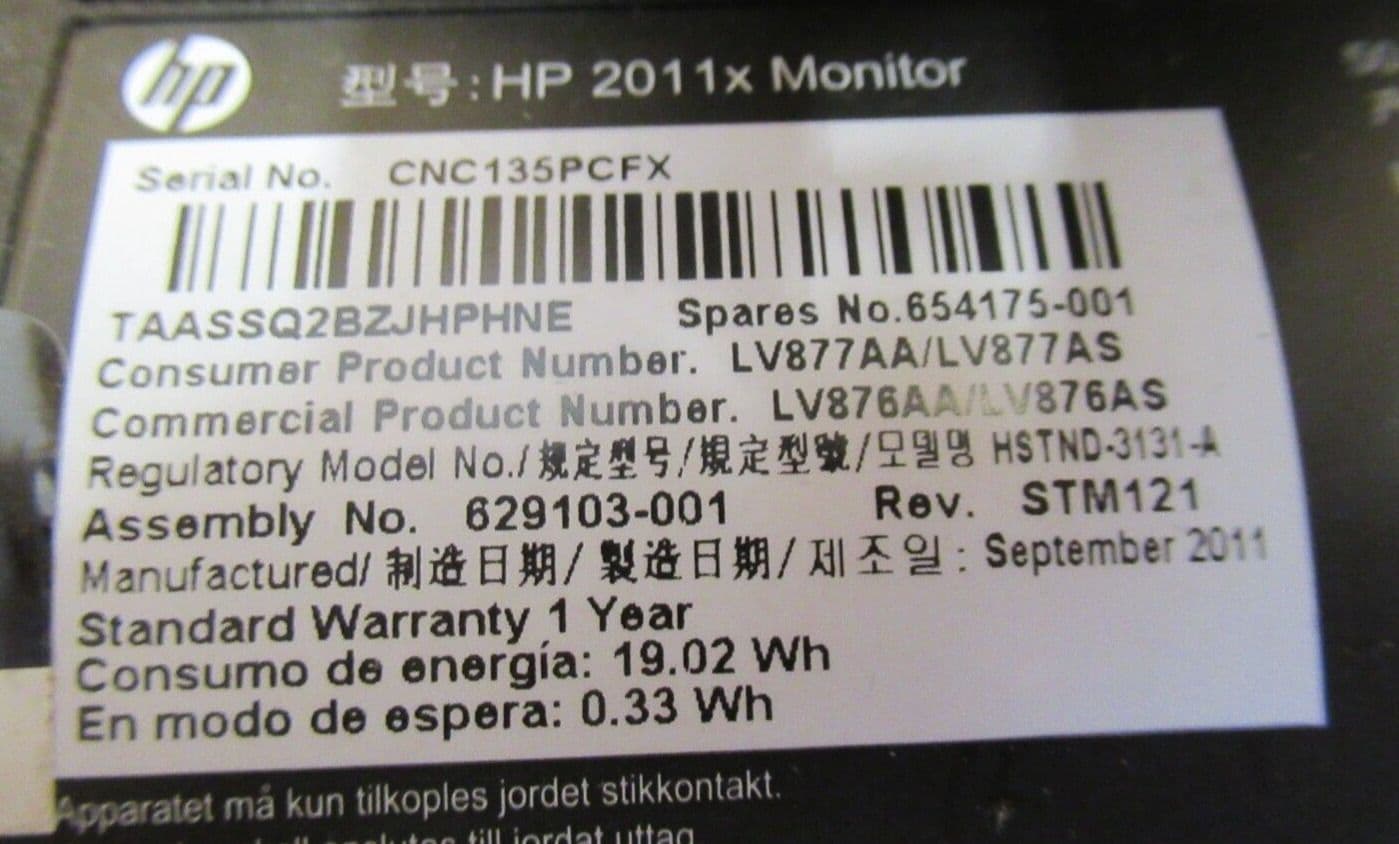 HP 2011X LV877AA 654175-001 20" LCD TFT LED Ultraslim Widescreen ...