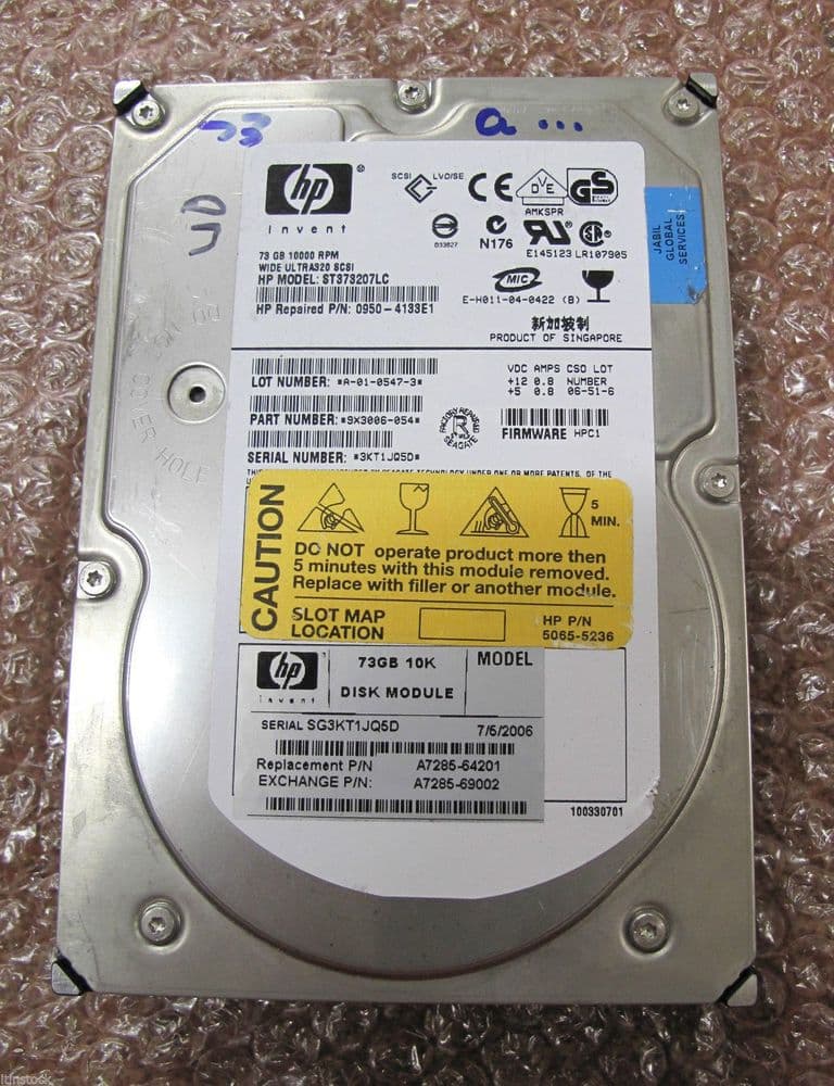 HP 3 5" 73GB 10k HOT SWAP Ultra 320 SCSI Hard Drive HDD No Caddy 9X3006-054