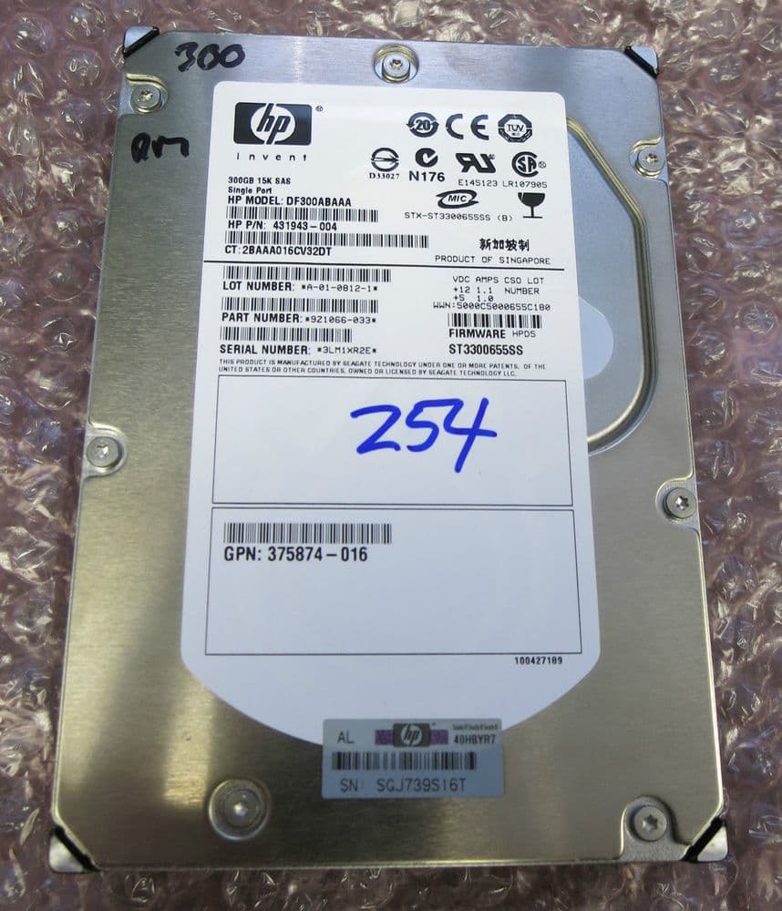 HP 300 GB SAS 15k LFF 3G Single Port 3 5" Hot Plug Hard Drive 431943-004