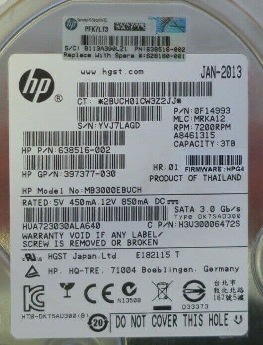 HP 3TB 7 2K 3 5" SATA 3G Hot-Plug Hard Drive HDD 628180-001 628059-B21 ...