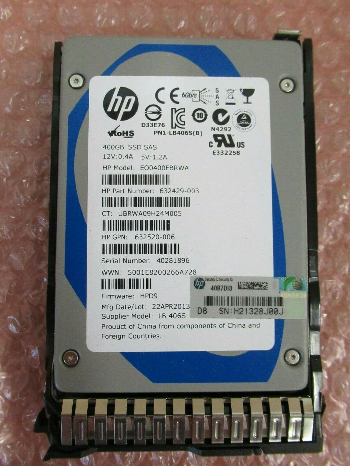 HP 400GB 6G SAS SFF 2 5" SLC Solid State Drive SSD 653082-B21 / 653962-001