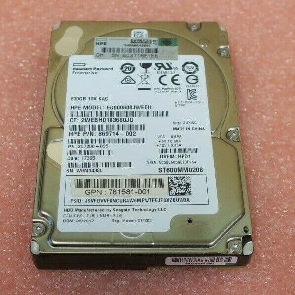 HP 600GB SAS 10k 2 5" 12G Hot-Plug HDD Hard Drive 869714-002 EG000600JWEBH