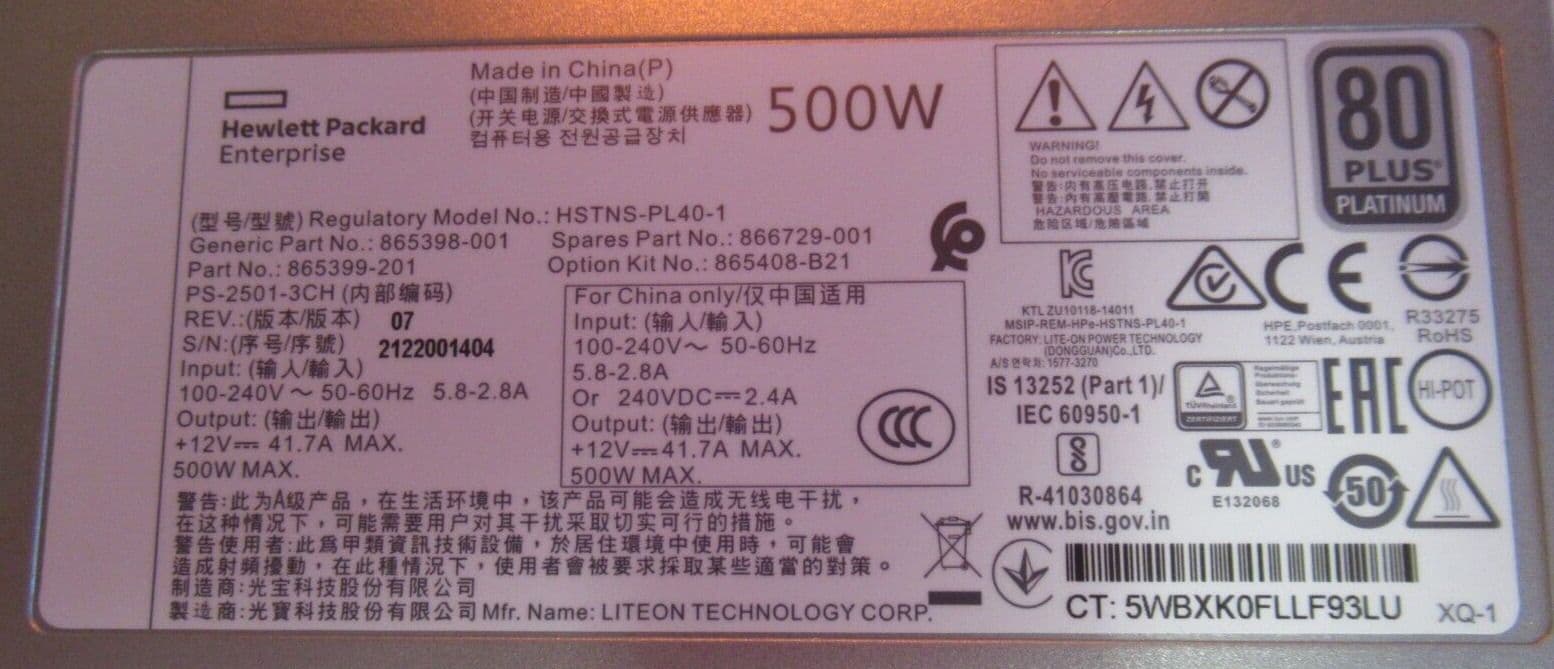 HP 865408-B21 865399-201 866729-001 500W 80 Plus Platinum HotPlug Power ...