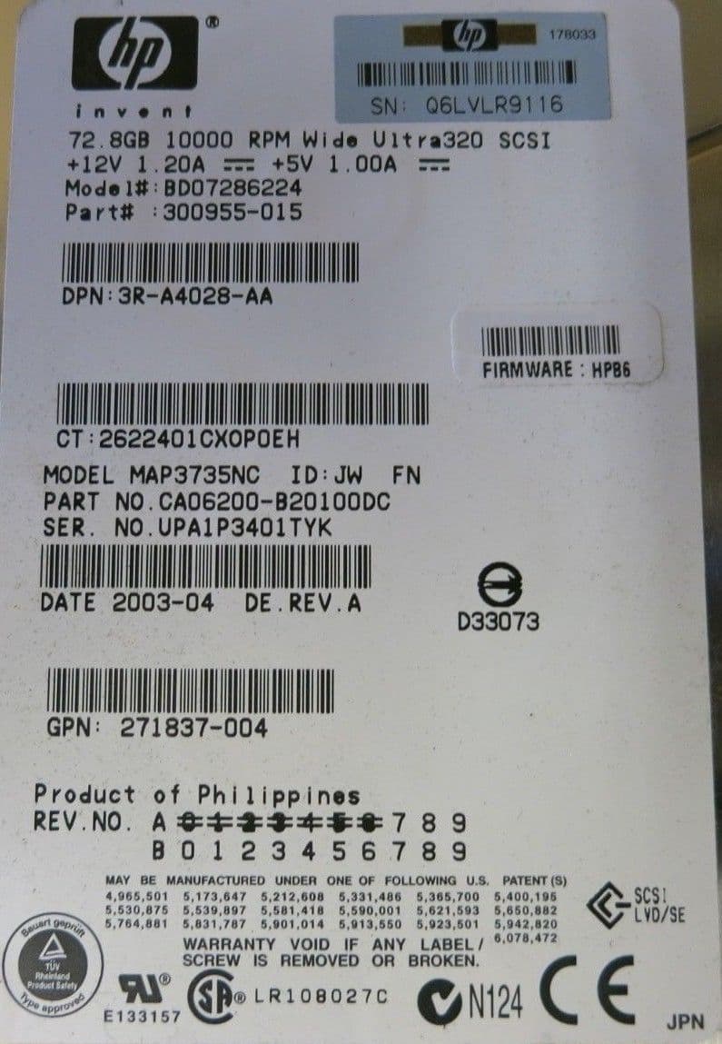HP BD07286224 300955-015 72 8GB 10000RPM Wide U320 3 5" Internal Hard Drive