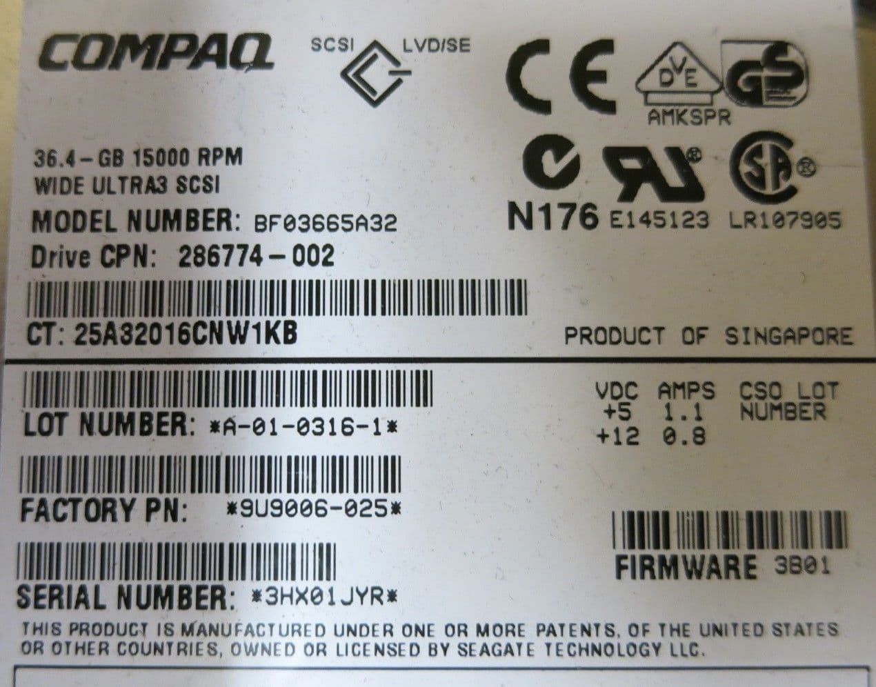 HP BF03665A32 286774-002 36 4GB 15000RPM Ultra3 3 5" SCSI Internal HDD