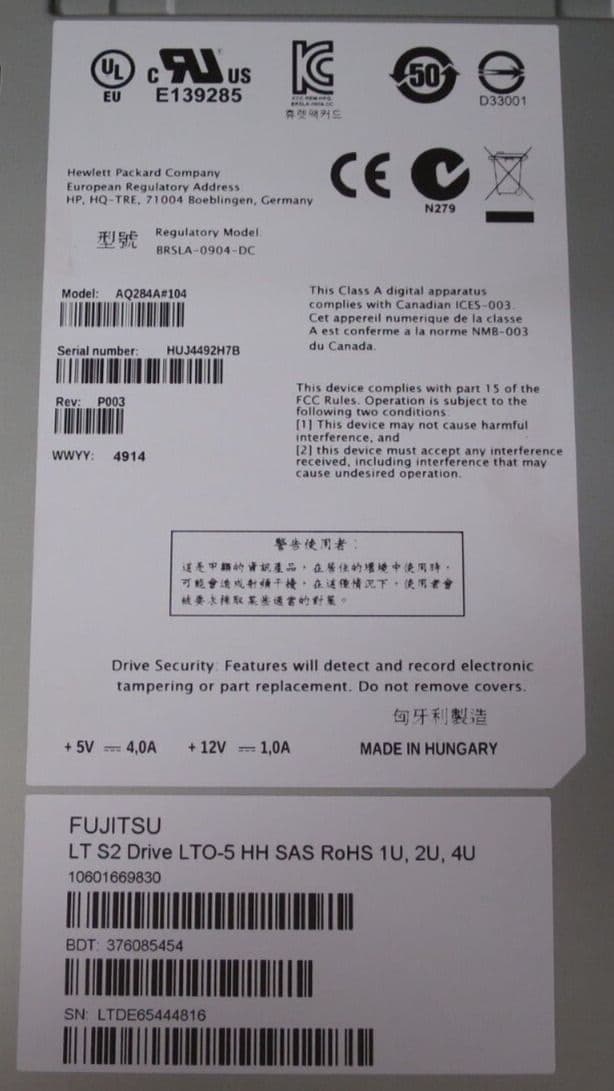 HP Fujitsu Eternus Ultrium3000 LT S2 LTO-5 HH 6Gb SAS Internal Tape ...
