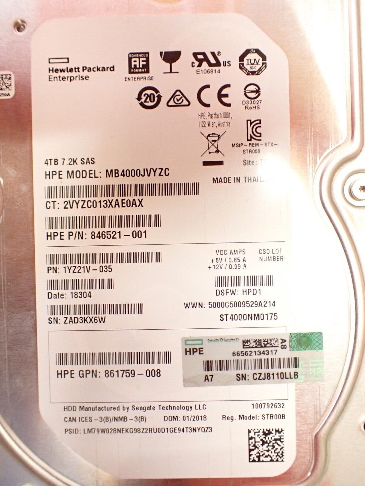 HP HPE 4TB 3 5" SAS 12Gb/s 7 2K HDD Hard Drive 846521-001 1YZ21V-035 ...