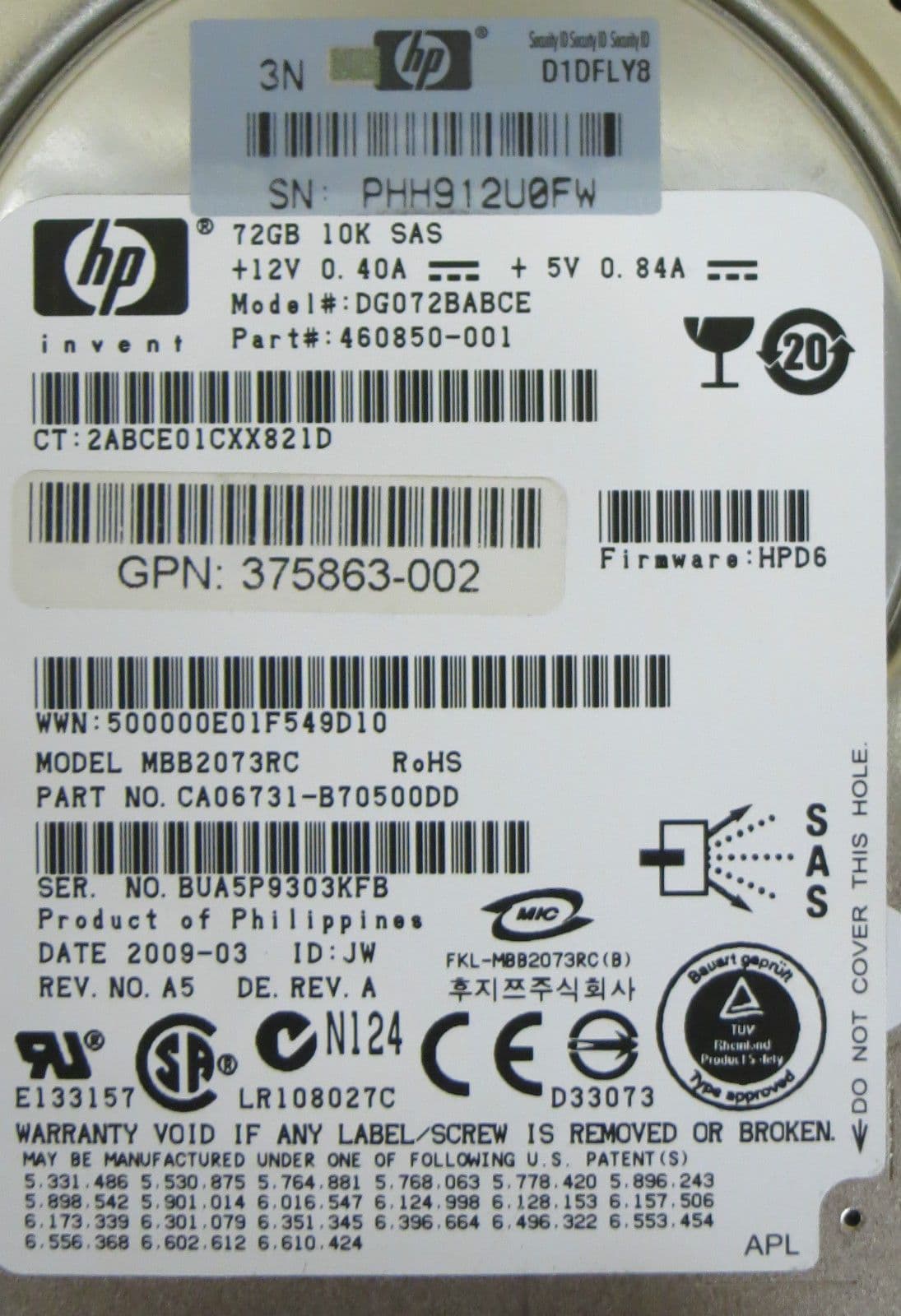 HP Invent 72GB SAS 2 5" 10K DG072BABCE Hard Drive 460850-001 CA06731 ...