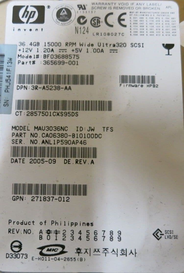 HP Invent BF03688575 365699-001 36 4GB 8MB 15000RPM 3 5" Ultra320 SCSI HDD