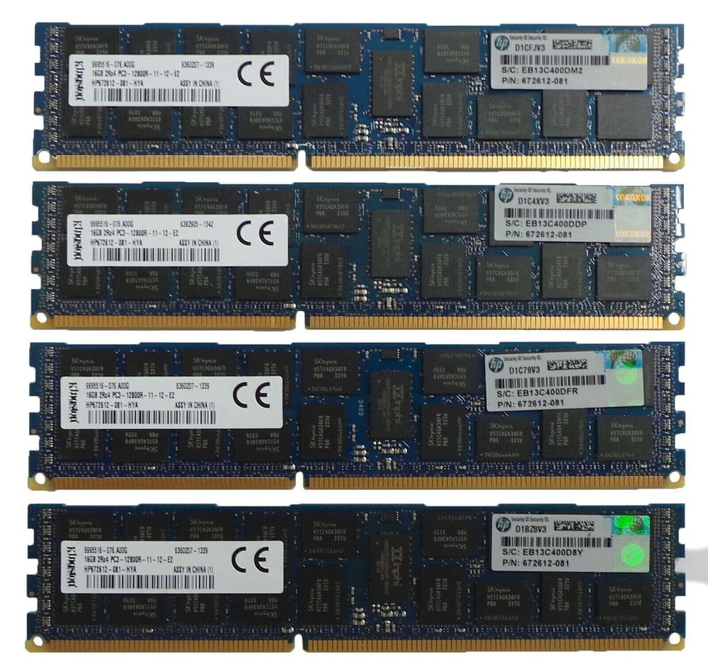 HP Kingston 64GB 16GB x 4 PC3-12800R ECC Server RAM Memory Kit 672612-081