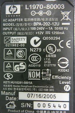 HP L1970-80003 Replacement AC Power Adapter 12V 1250mA 24W - BPA-202-12U