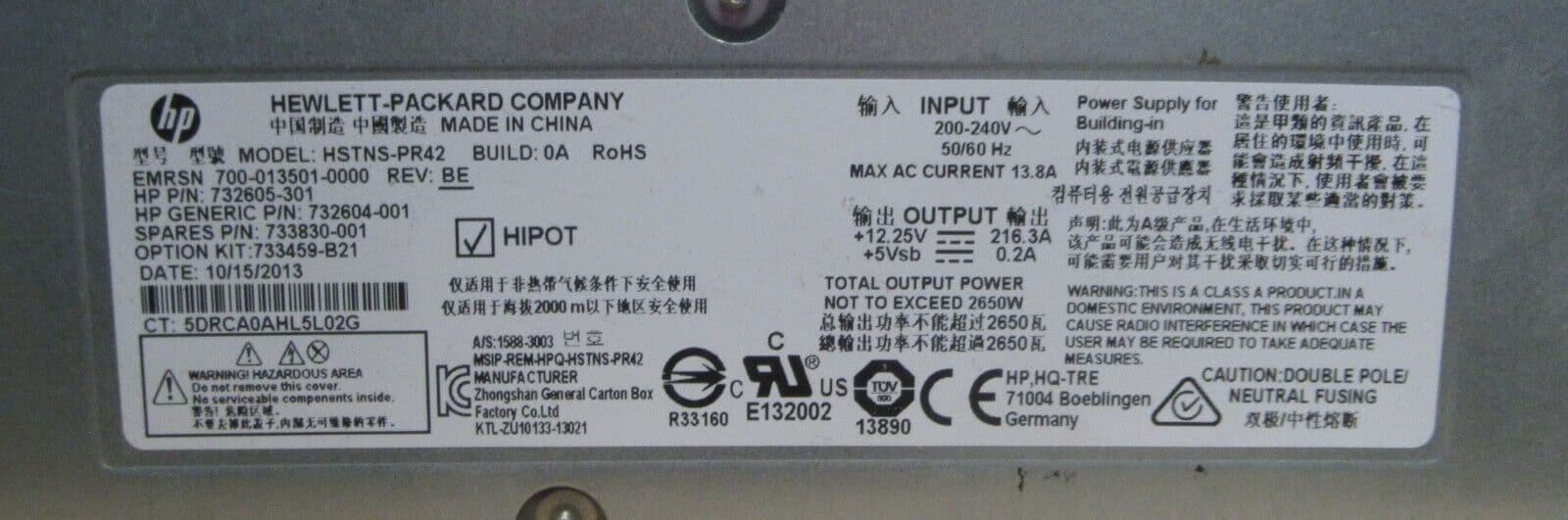 HP Proliant C7000 2650W Platinum Hot-Plug Power Supply 733830-001 ...