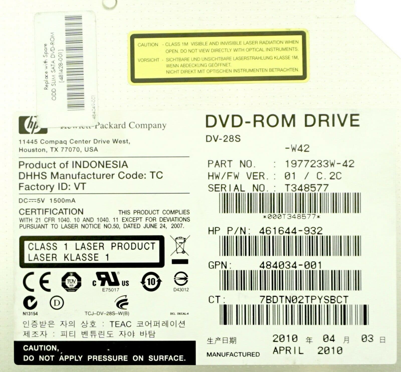 HP ProLiant Slim SATA DVD-ROM Drive 481428-001 DL360 G6/G7 DL380 G6/G7 ...