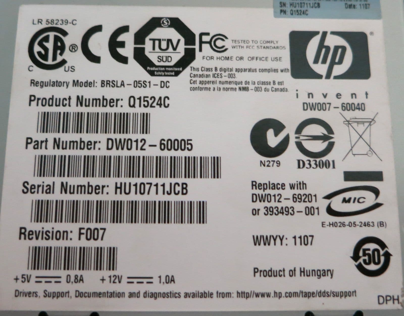 HP Storageworks Tape Drive DAT72 SCSI LVD/SE Q1524C DW012-60005 393493-001