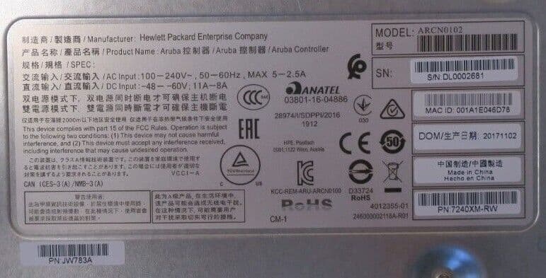 HPE Aruba 7240XM Mobility Controller JW783A 4x 10Gb SFP 2x 1GbE/SFP ...