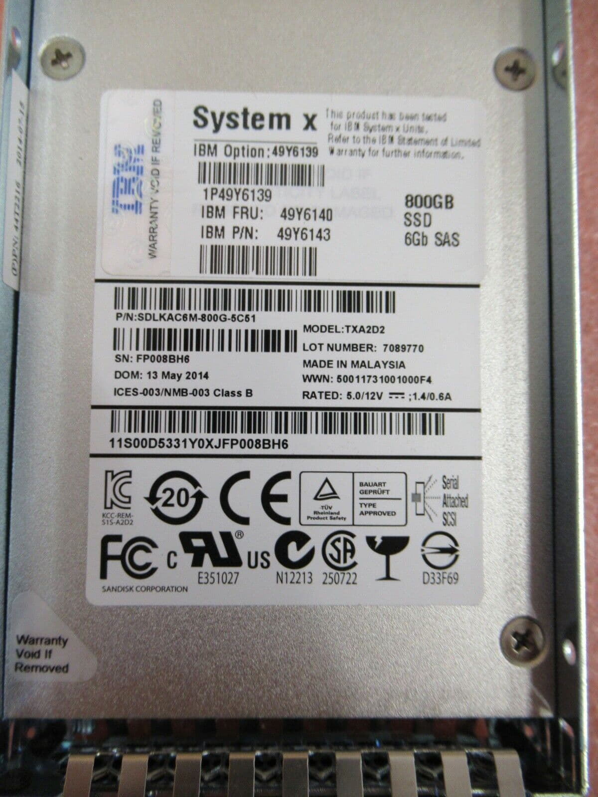 IBM 49Y6140 800GB 2 5 6G SAS MLC HS SSD Drive 49Y6139 49Y6143 System X HS23