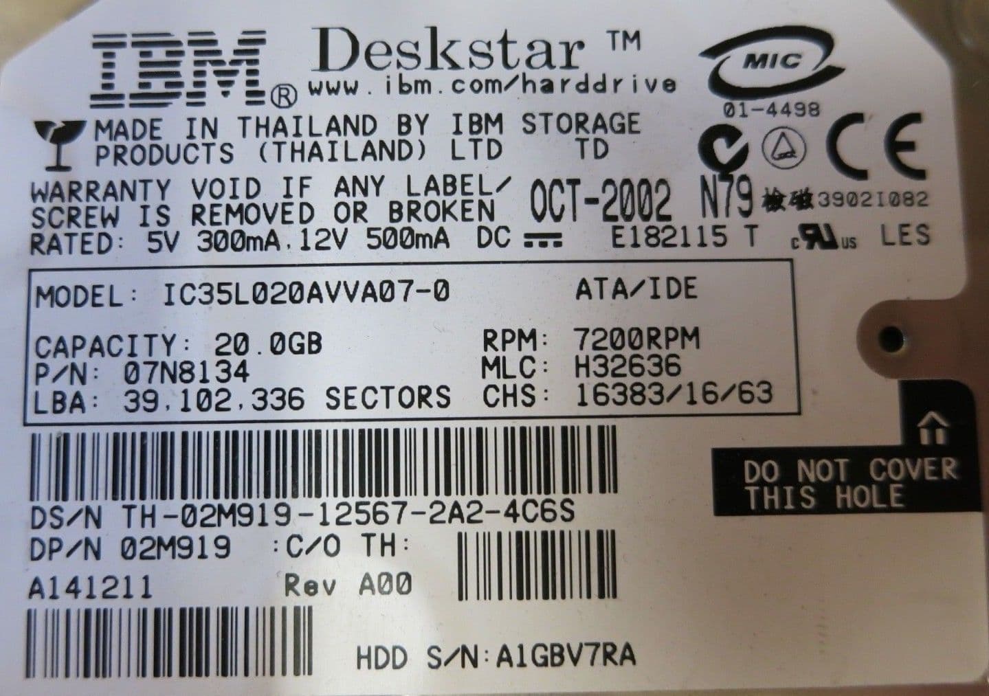 IBM Deskstar IC35L020AVVA07-0 07N8134 20GB 7200RPM 2MB ATA-100 Internal HDD