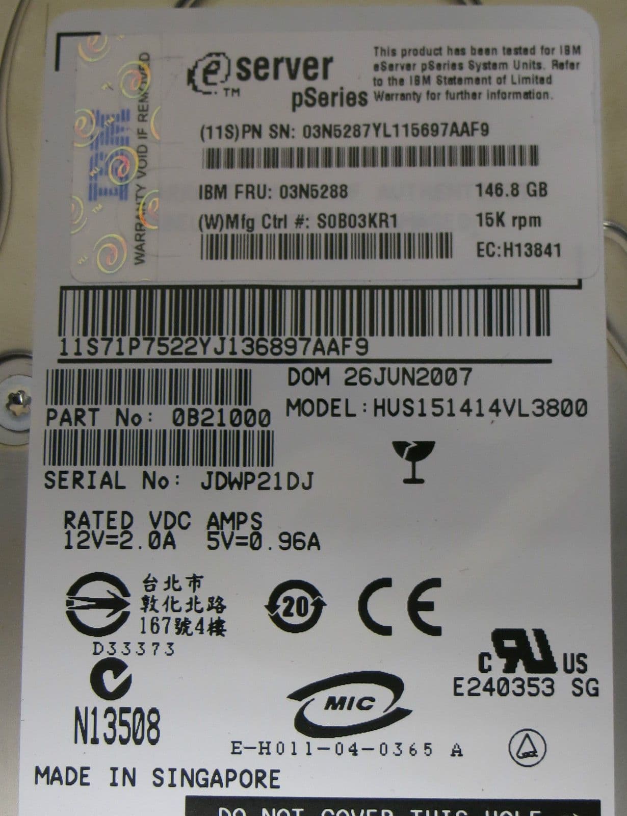 IBM eServer PSeries 146 8GB 15K Ultra320 SCSI Hard Drive with Caddy 03N5288