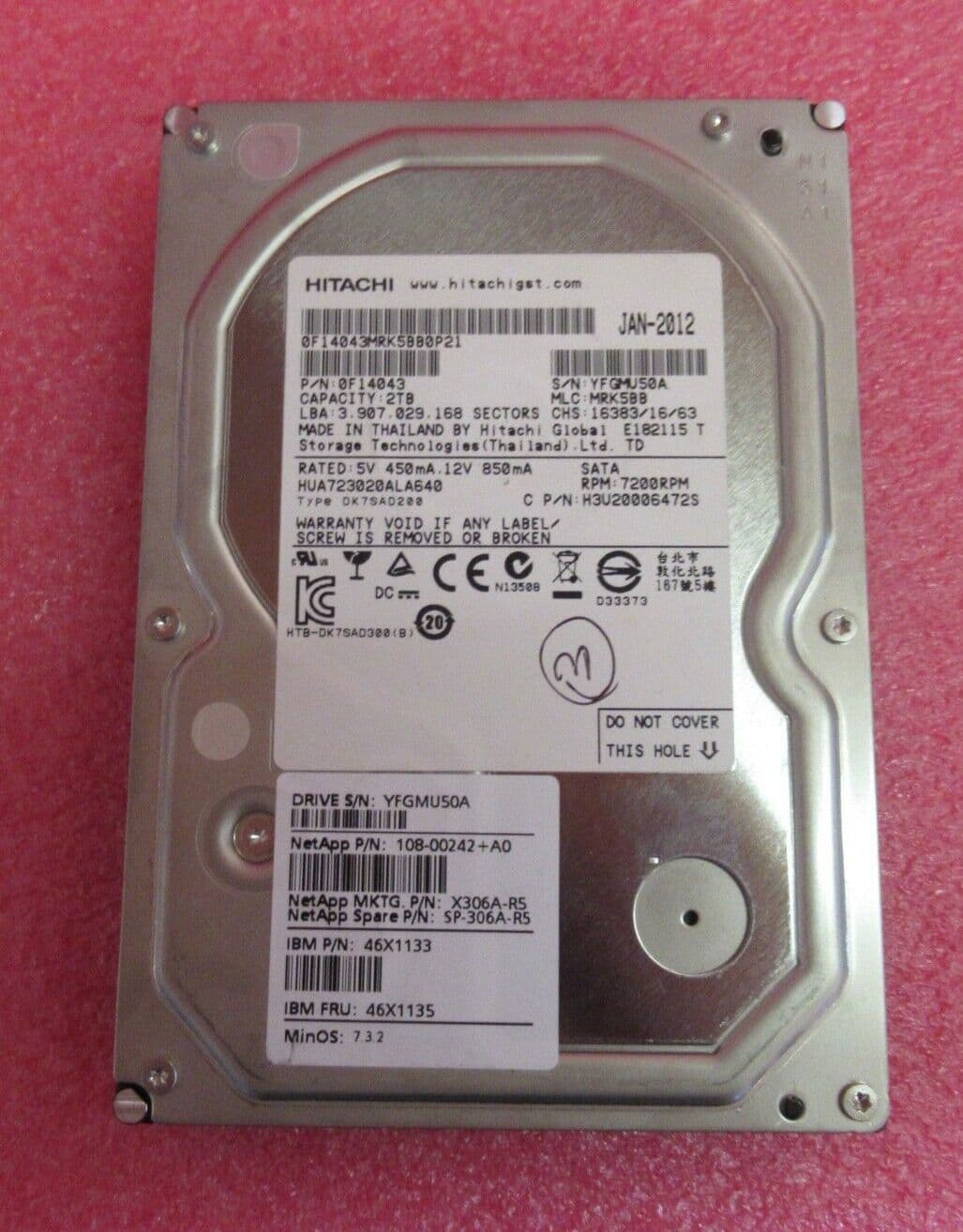 IBM NetApp 2TB 3 5" SATA 6GB/s 7 2k 64MB HDD Hard Drive X306A-R5 46X1135