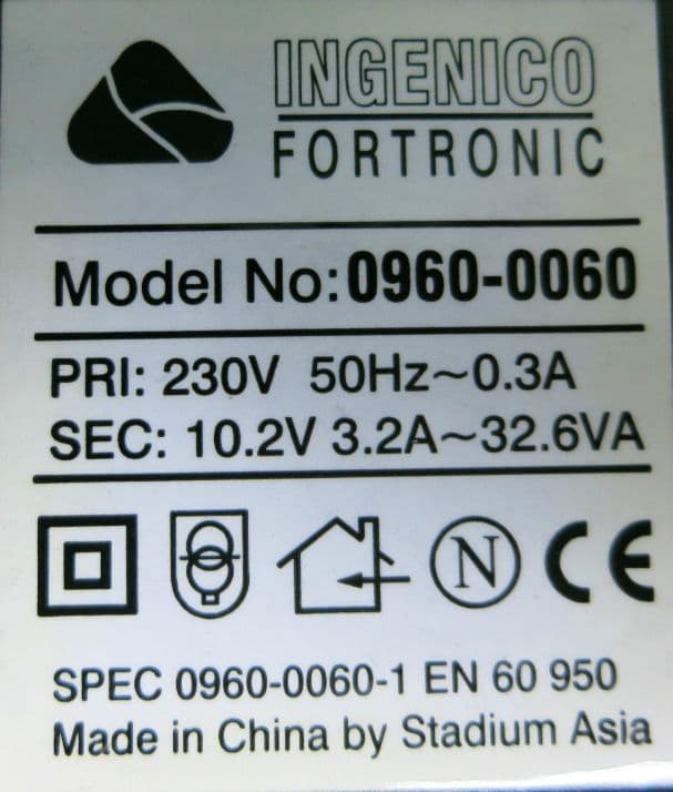 Ingenico Fortronic 0960-0060 AC Power Adapter 10 2V 3 2A 32 6VA UK 3 ...