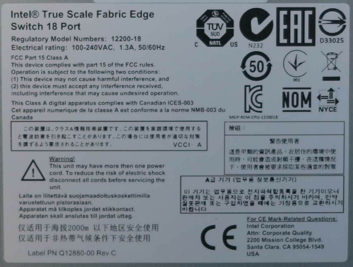 Intel True Scale Fabric Edge 12200-18 40G 1U 18-Port Switch Network ...