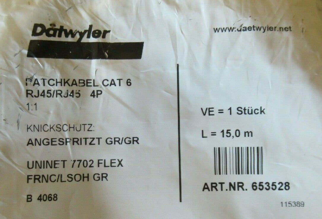 Job Lot 2 x New Datwyler 653528 RJ45 Patch Cable S/FTP Cat6 15M Grey