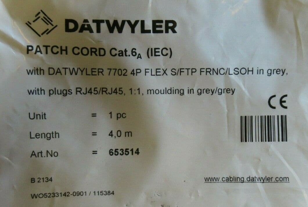 Job Lot 5 x New Datwyler 653514 RJ45 Patch Cable S/FTP Cat6 4M Grey