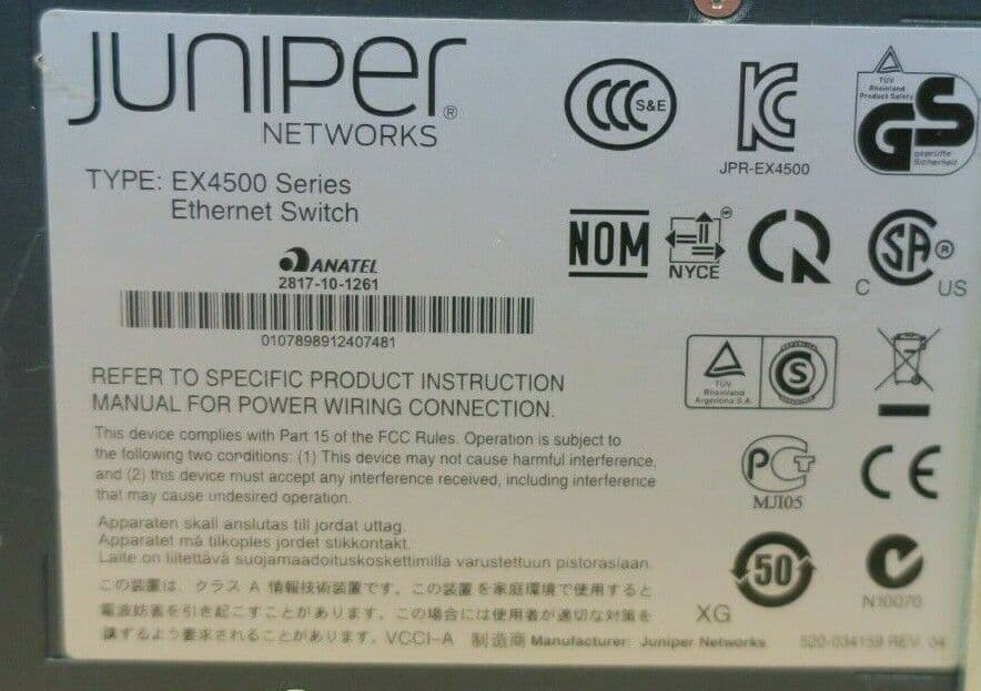 Juniper EX4500-40F 40-Port 1/10G SFP Switch EX4500-40F-VC1-BF EX4500-VC1-128G