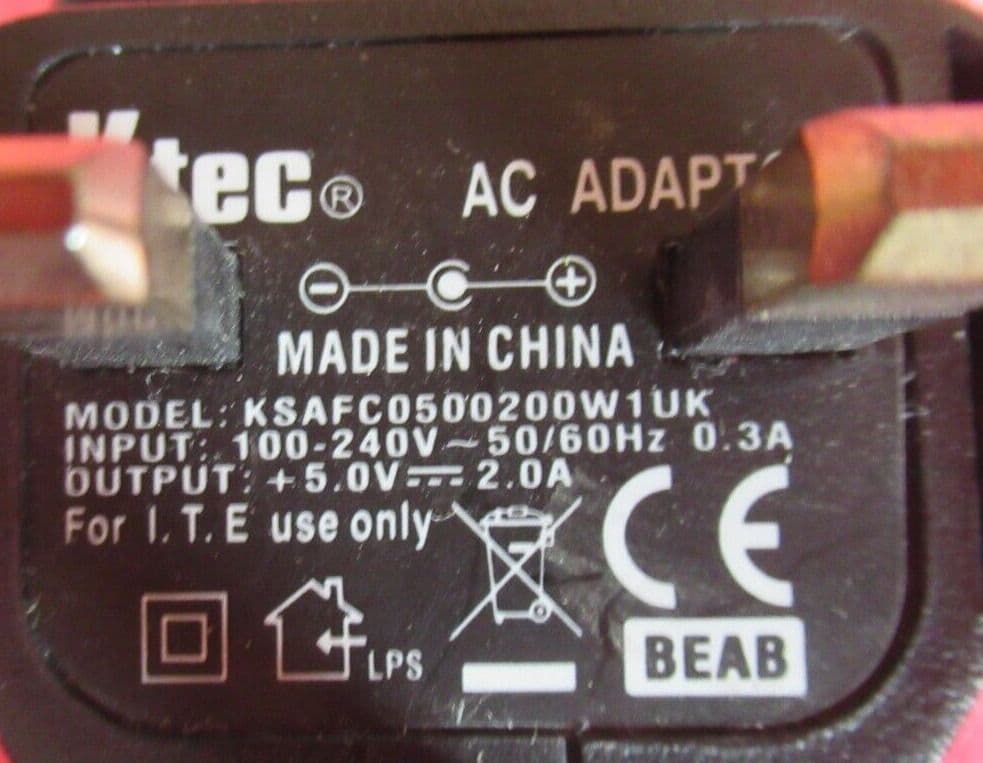 Ktec KSAFC0500200W1UK UK Plug AC Power Adapter 10W 5V 2A