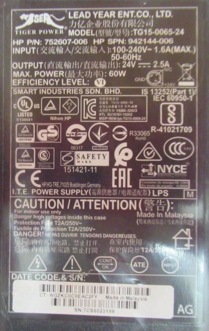 Lead Year TG15-0065-24 752607-006 Thermal Printer AC Power Adapter 60W ...