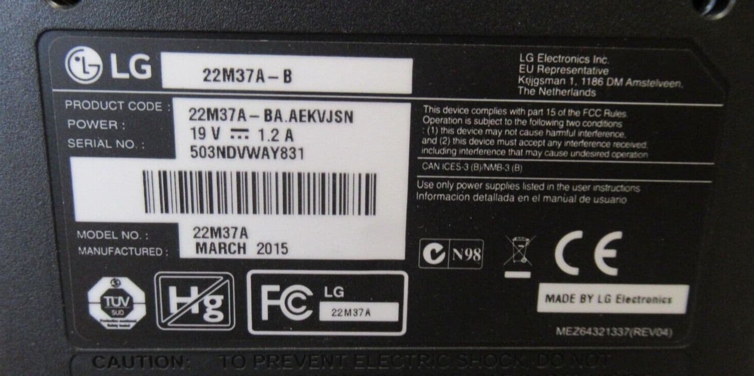 LG 22M37A-B 21 5" LCD TFT LED HD Widescreen Monitor VGA With AC Adapter