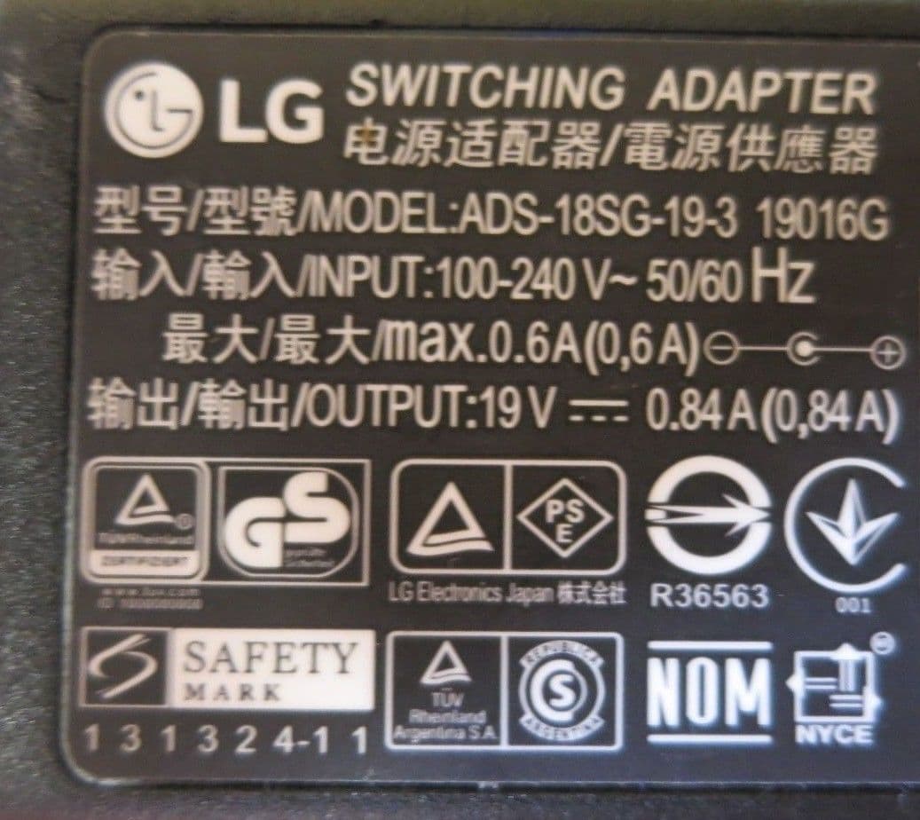 LG ADS-185G-19-3 Switching AC Power Adapter Charger 15W 19V 3 42A