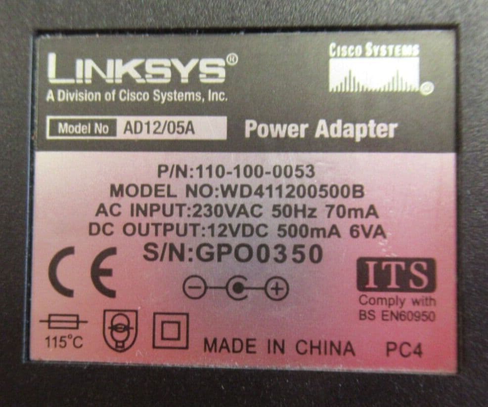 Linksys 110-100-0053 WD411200500B UK 3-Pin Plug AC Power Adapter 6W 12V ...