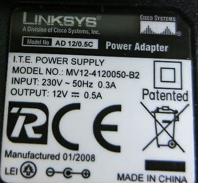 Linksys By Cisco AC Power Adapter 12V 0 5A UK 3 Pin Plug Model MV12 ...