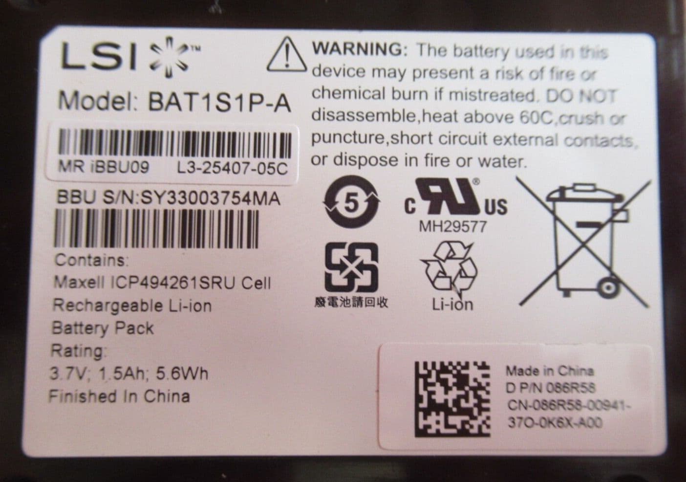 LSI BAT1S1P-A MRiBBU09 L3-25407-05C Battery Backup Unit For RAID Card