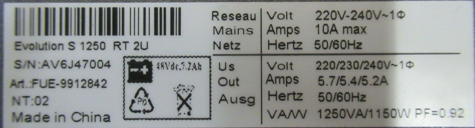 MGE Evolution S1250 1250VA 1150W Rack / Tower UPS Uninterruptible Power ...