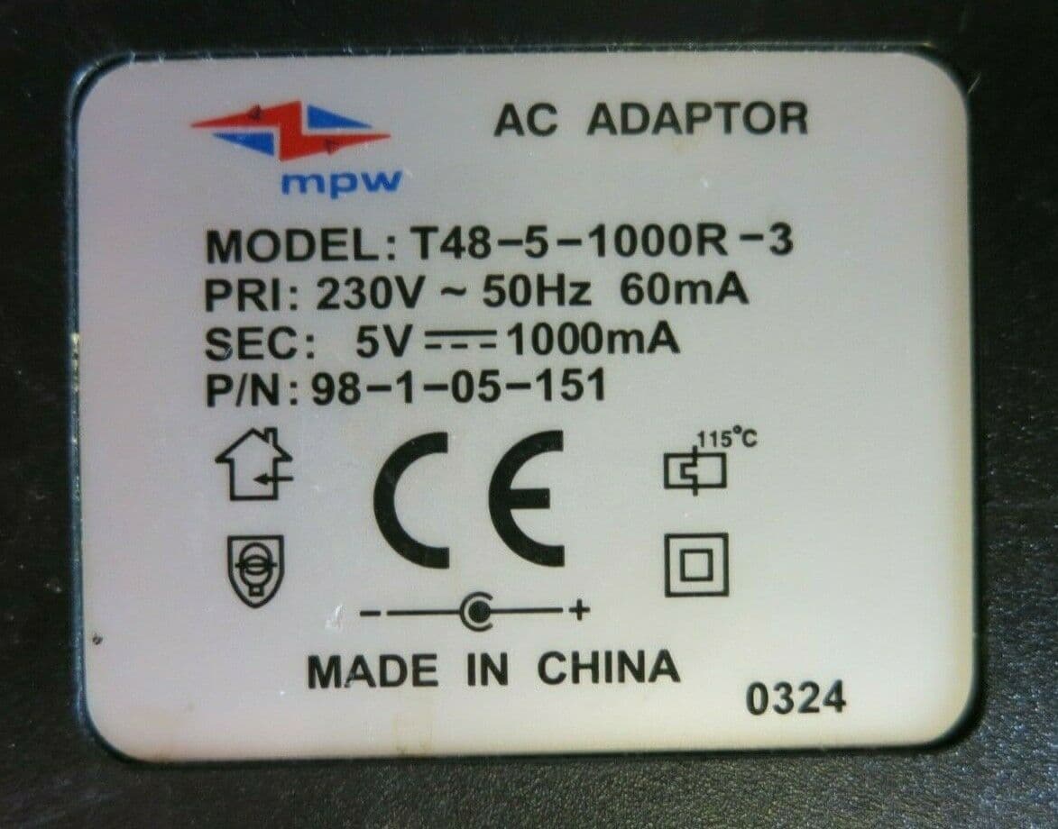 MPW T48-5-1000R-3 98-1-05-151 UK 3 Pin Plug AC Power Adapter 5W 5V 1000mA