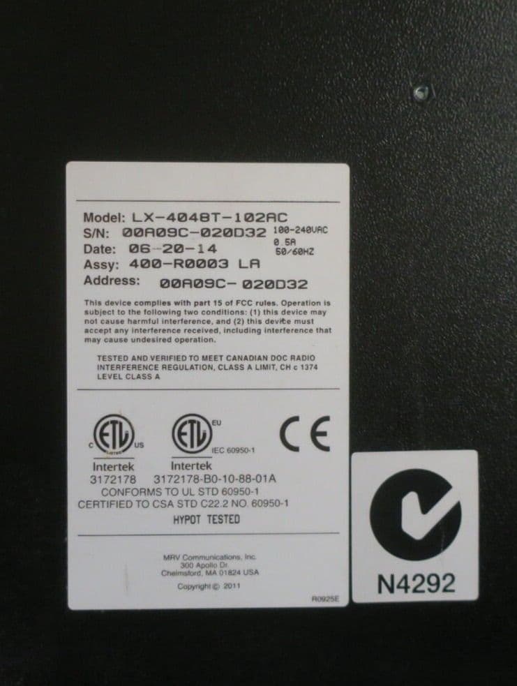 MRV 4000T Series 48-Port Console Server LX-4048T-102AC Dual AC Power Supply