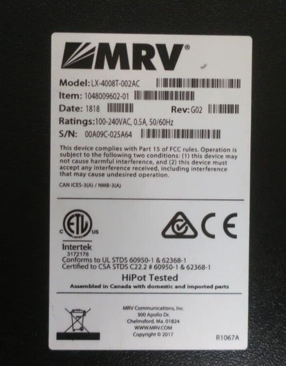 MRV 4000T Series 8-Port Console Server LX-4008T-002AC Dual AC Power Supply