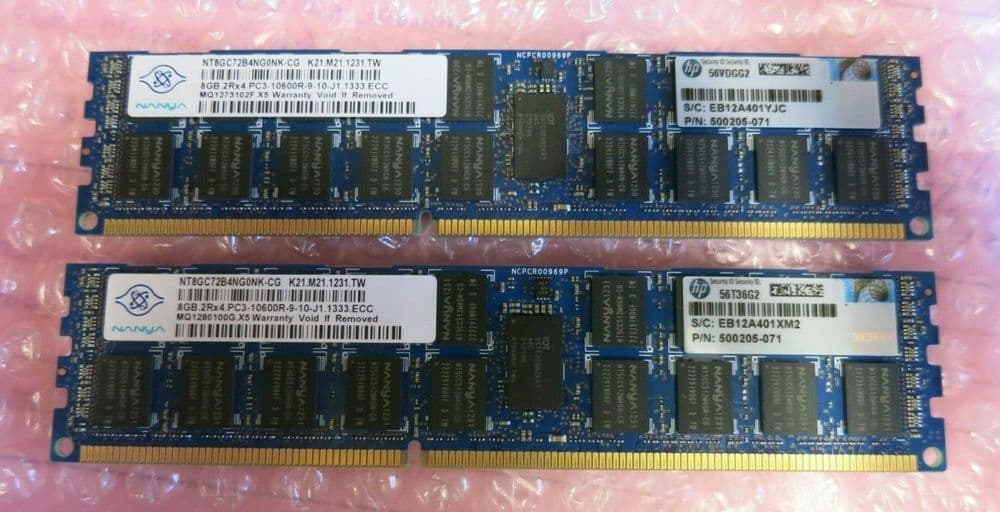 Nanya NT8GC72B4NG0NK-CG 500205-071 16GB 2x8GB PC3-10600 DDR3 ECC CL9 Memory