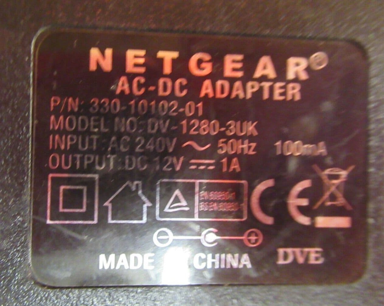 Netgear 330-10102-01 DV-1280-3UK UK 3-Pin Plug AC Power Adapter 12W 12V 1A